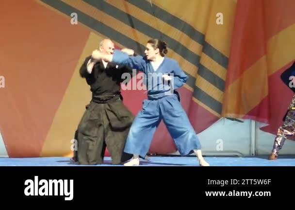 Moscow, Russia - May 14, 2017: Karate and samurai in armor sparing ...