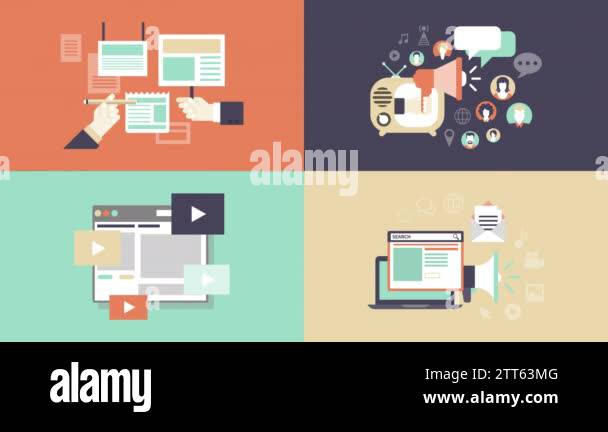 Advertising campaign types flat animated icons. Online social media ...
