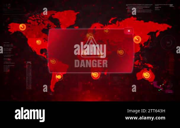 Danger Alert Warning Message Attack on World map. Wire frame Radar Network Seamless loop Motion ...