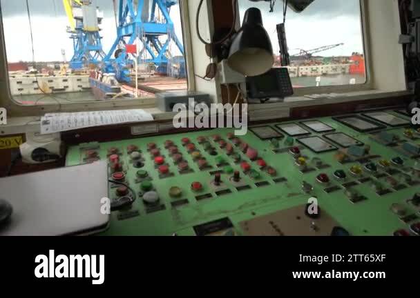 Cabin to control the crane. View from the crane operator working place ...