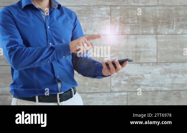 Man activates a conceptual HUD hologram with text Made in China. The ...