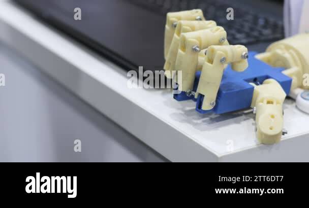 A human and a bionic hands lying beside each other. Top view. Man with ...