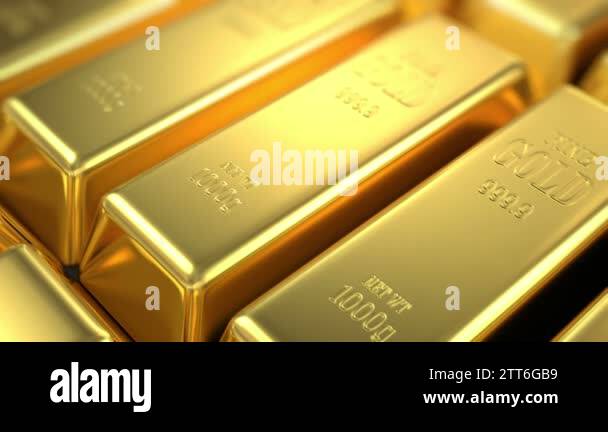 Slow flight over gold bars, seamless looping beautiful 3d animation ...