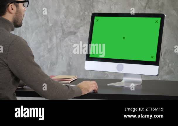 Elegant businessman analyzing data in office on his computer. Back view to the monitor. Green ...