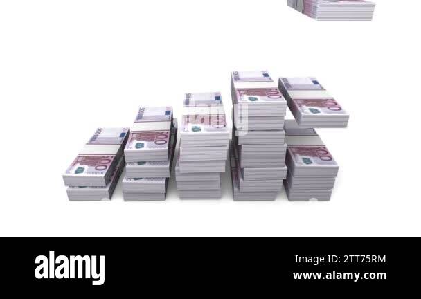 Growing chart of stacks of 500 euro bills. Five stacks on white ...