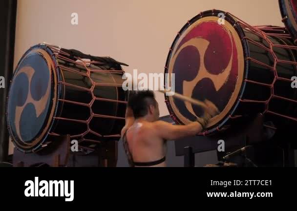 Moscow, Russia - July 16, 2017: Musicians play the big taiko drum on ...