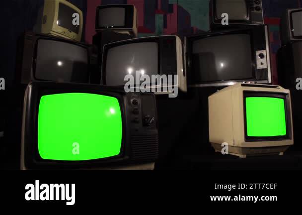 80s TVs with Green Screen. Parallel Dolly Shot. Ready to Replace Green ...