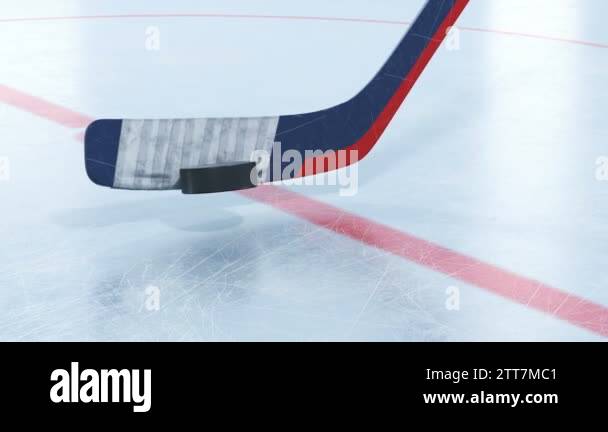 Hockey Stick Hitting Hockey Puck in Slow Motion Close-up on Ice ...