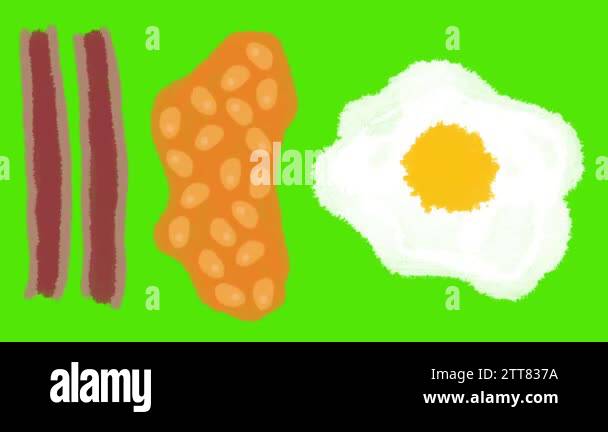 Hand Drawn Cartoon Breakfast of Fried Egg Bacon and Beans on a green ...