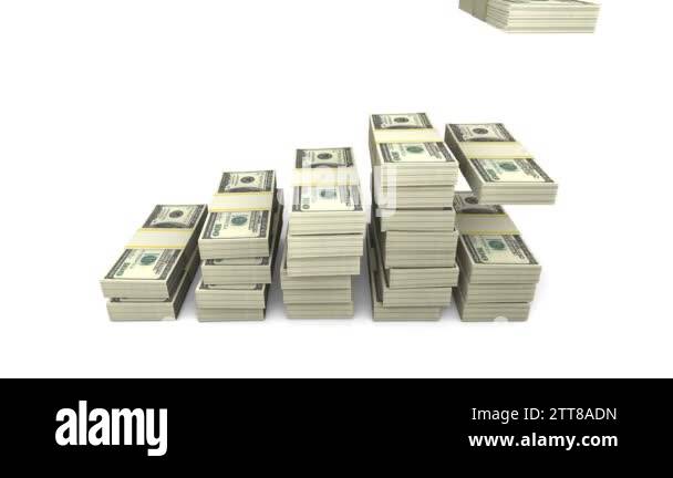Growing chart of stacks of 100 dollars US bills. Five stacks on white ...
