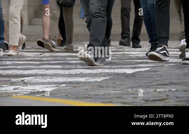 Feet of Crowd People Walking on the Pedestrian Crossing in Slow Motion ...