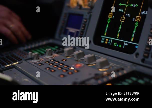 Panel of switches on an aircraft flight deck. Autopilot control element ...