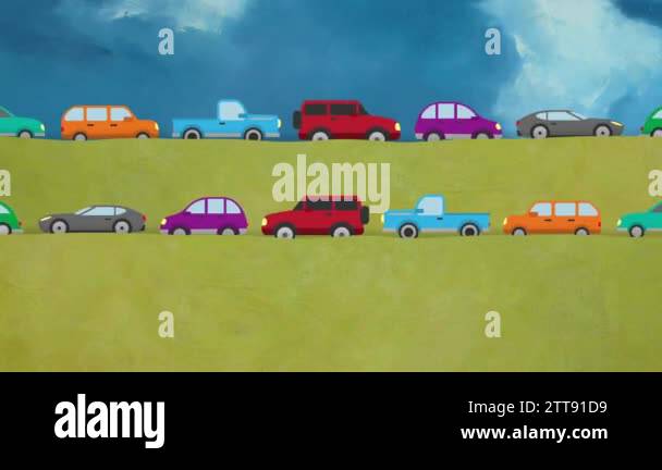 Cartoon Vector Cars Driving in Both Directions on a Countryside Stock ...