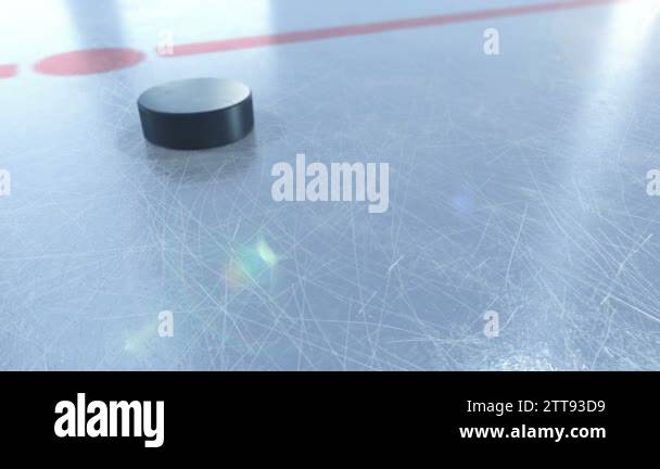 Beautiful Hockey Puck Sliding on Arena Ice in Slow Motion Close-up. 3d ...