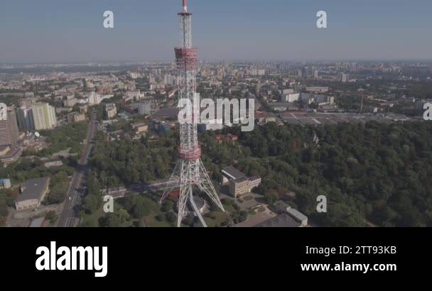 Aerial TV tower. TV tower in Kiev Close to residential buildings and ...