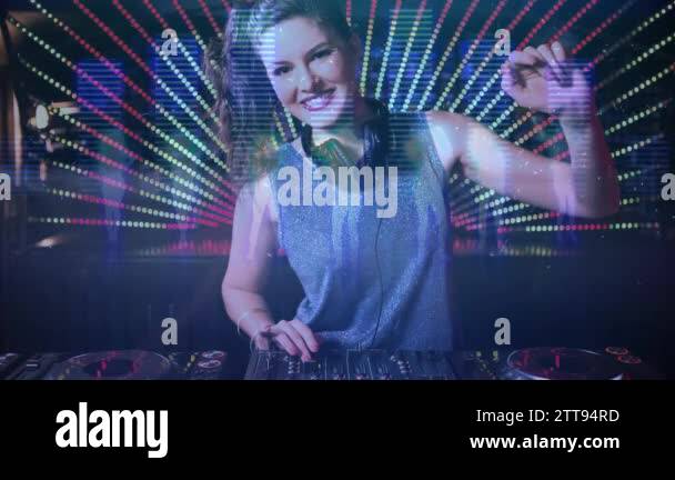 Digital animation showing smiling disco jockey mixing music in pub ...