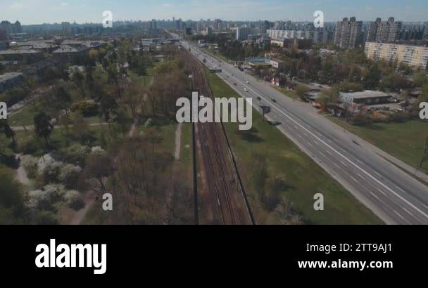 Subway train, aerial. Subway cars arrive on the platform. The subway ...