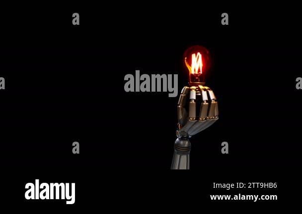 Cyborg robotic hand gives light bulb to viewer, symbol of creation idea ...
