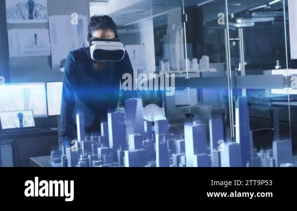Professional Female Architect Wearing Makes Gestures with Augmented Reality Headset, Shows ...