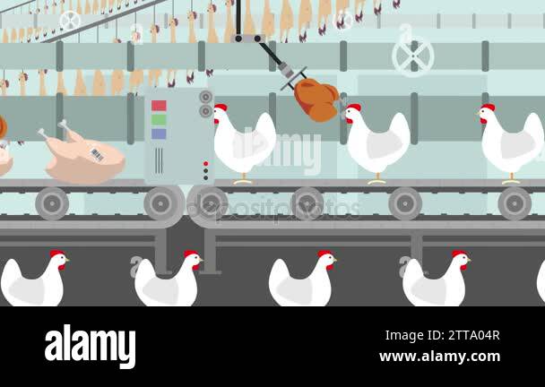 Live Chickens on a Factory Conveyor Become Cooked Chickens Cartoon ...