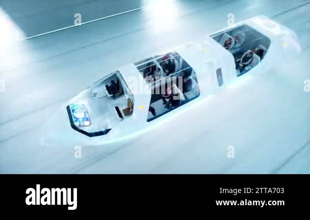 futuristic flying bus with peoples fast driving in sci fi tunnel ...