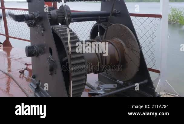 Mooring winch on in the stern of the vessel. Winch on a deck of ship in ...