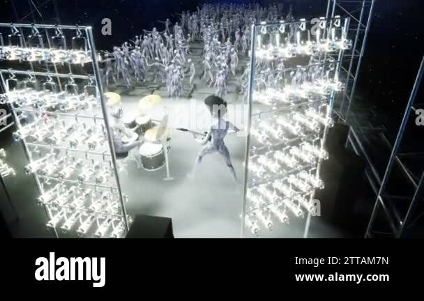 Alien rock party on space ship. Concert. Guitar, bass and drum play ...