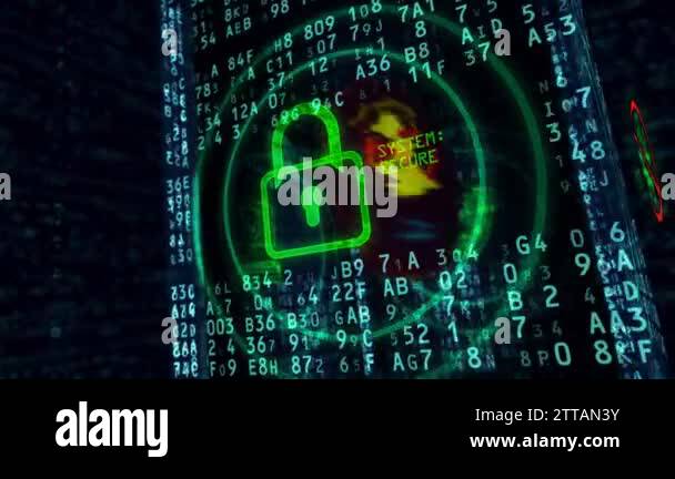 Cyber security concept 3d animation. Close and safety green padlock symbol on binary background ...