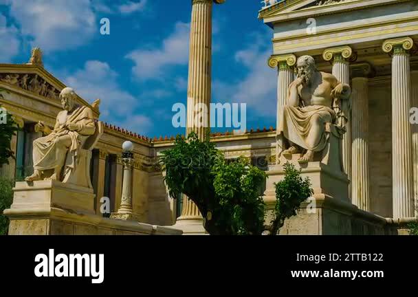 Marble statues of ancient Greek philosophers Socrates and Plato, time ...