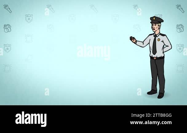 Animated Character Guard or Watchman stands in full growth and says ...