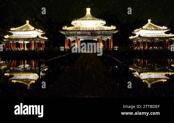 China Beijing ancient architecture pavilions reflection in pool water ...