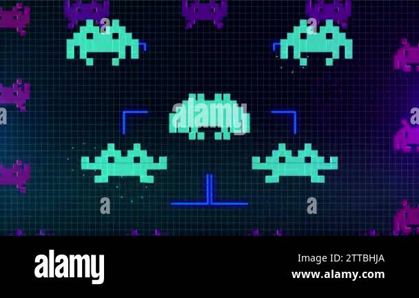 Seamless animation of cute 8 bit pixel space game or computer virus ...