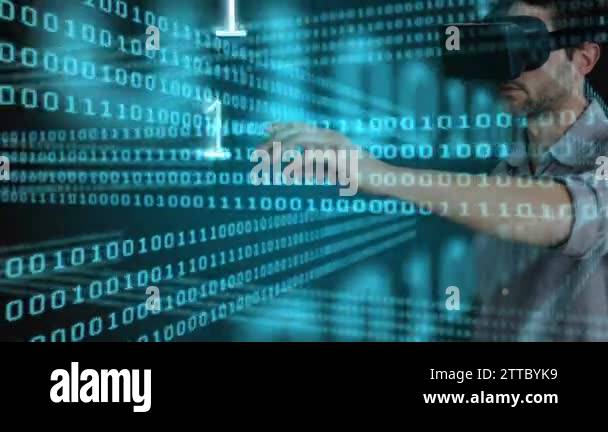 Businessman using VR against blue animated binary code scrolling ...