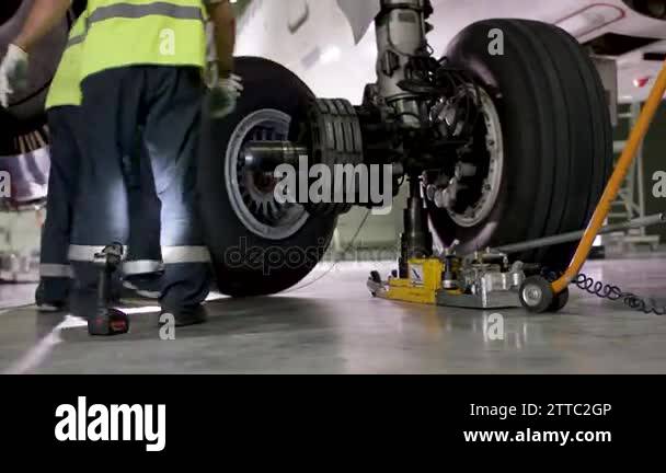 Airport worker checking chassis. Engine and chassis of the passenger ...