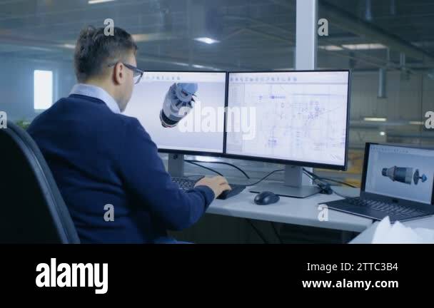 Chief Male Engineer Designs on 3D Model of a Turbine or Engine Part ...