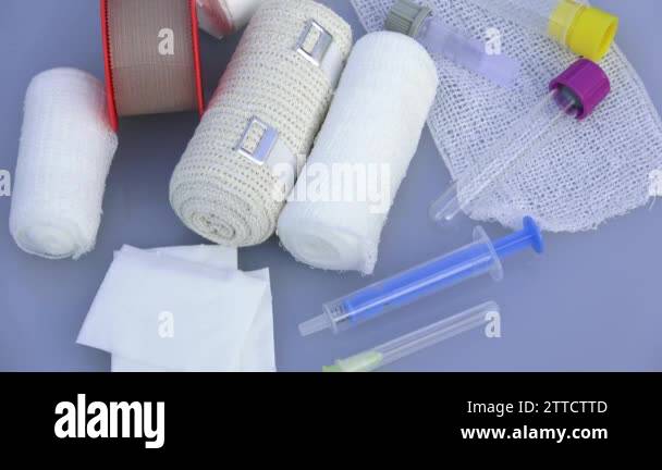 First aid kit with dressing material. Medical instruments, medical ...