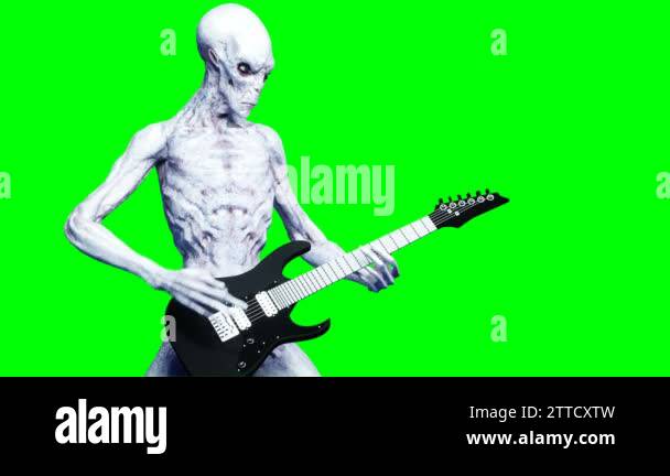 Funny alien plays on electric guitar. Realistic motion and skin shaders ...