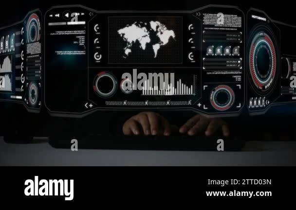 Hacker Typing Keyboard With Hud Head Up Display Interface Code Graph Bar Pi World Map Element