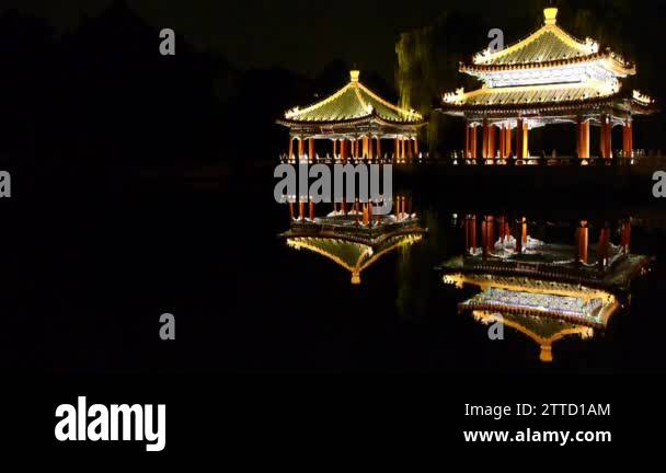 China Beijing ancient Chinese architecture pavilions reflection in pool ...
