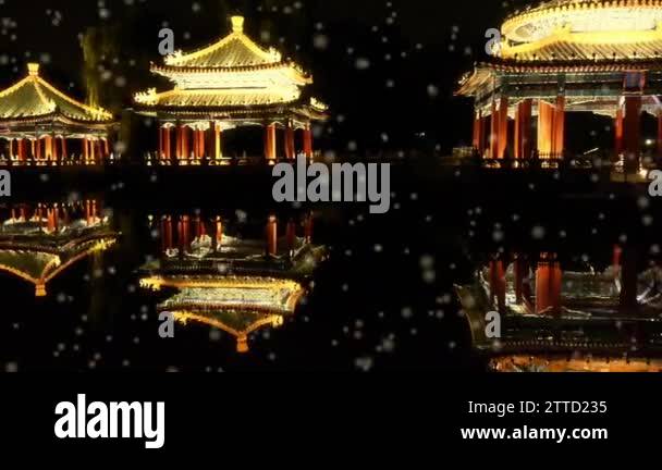 China Beijing ancient Chinese architecture pavilions reflection in pool ...