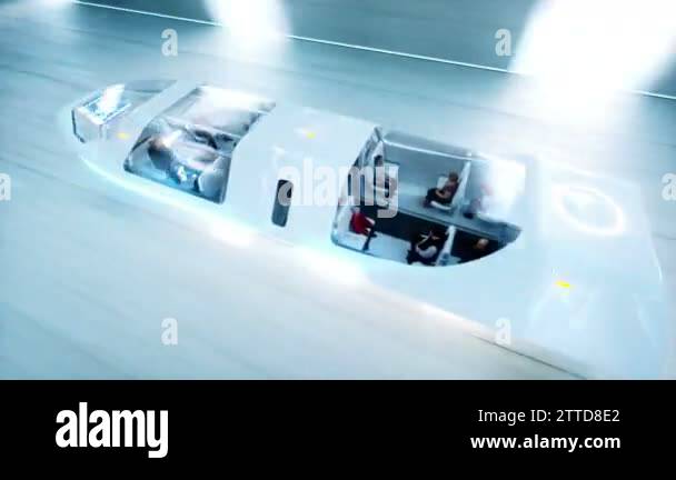 futuristic flying bus with peoples fast driving in sci fi tunnel ...
