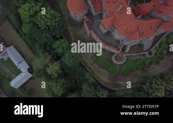 Aerial top down view of medieval castle on the hill in Czech region of ...