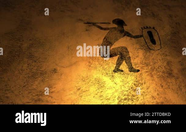 A single Cave Painting of Warrior with dancing fire illumination on ...