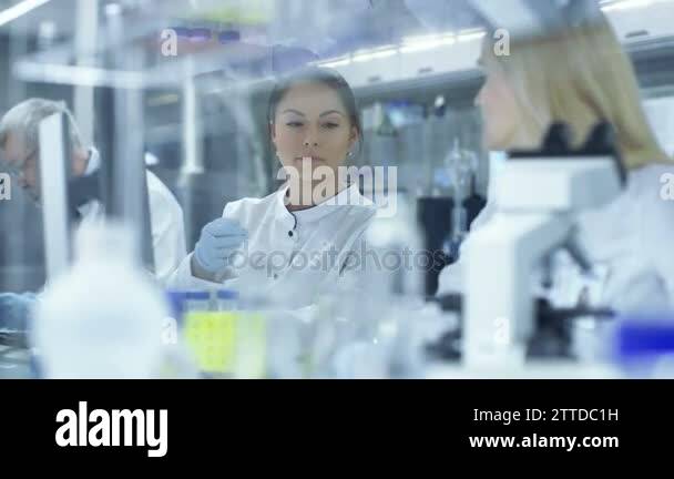 Female Research Scientists Passes Slided to Her Colleague Who Observes ...