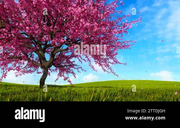 Sakura cherry tree in full blossom on a hills covered with fresh green ...