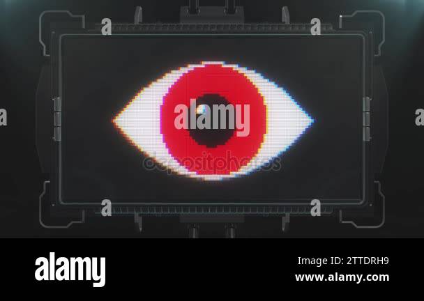 red pixel eye symbol on glitch futuristic lcd led screen display ...