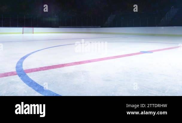 ice hockey stadium middle rink illuminated view with blinking camera ...