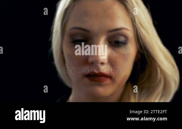 Close-up Shot Sad Crying Bruised Blonde Woman Looking Down and Then ...