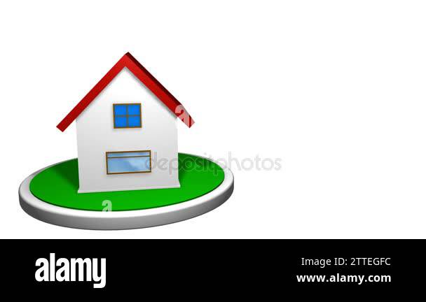 3D animation of a small house with a red roof on a white disk, with a ...