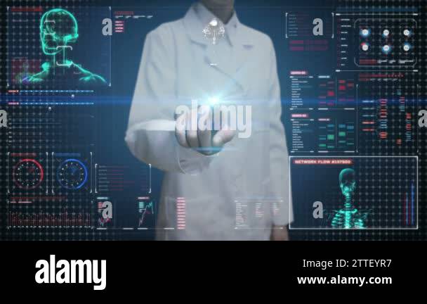 Female Doctor touching digital screen, Scanning human skeletal ...